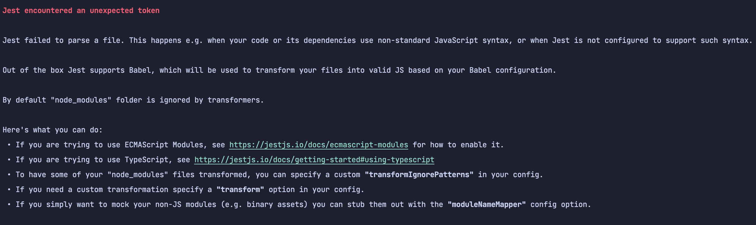 [Bug]: Unexpected token 'export' when testEnvironment is `jsdom ...