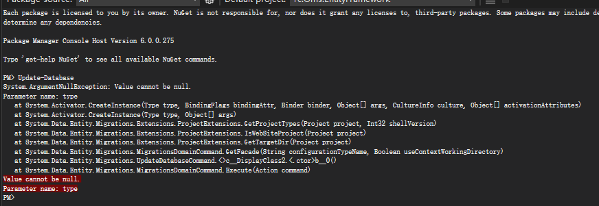 Visual Studio 2022 Package Manager Console Entity Framework commands return ...