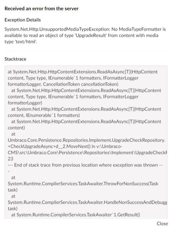 No MediaTypeFormatter is available to read an object of type 'UpgradeResult' from content with ...