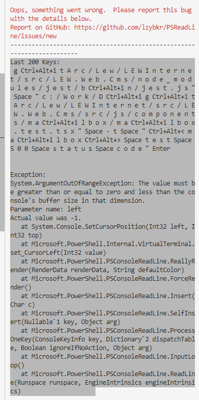 System.ArgumentOutOfRangeException · Issue #2268 · PowerShell/PSReadLine · GitHub