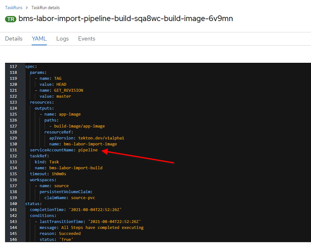 How to define ServiceAccount to run task without defining TaskRun or PipelineRun · Issue #4585 ...