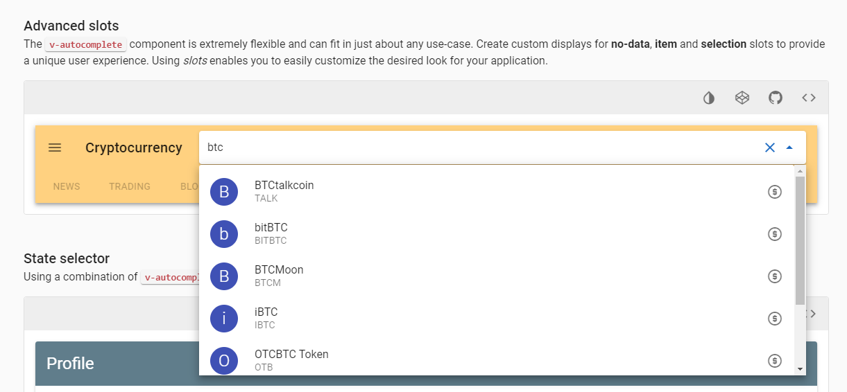 [Documentation] Autocomplete advanced slots example · Issue #9425 · vuetifyjs/vuetify · GitHub