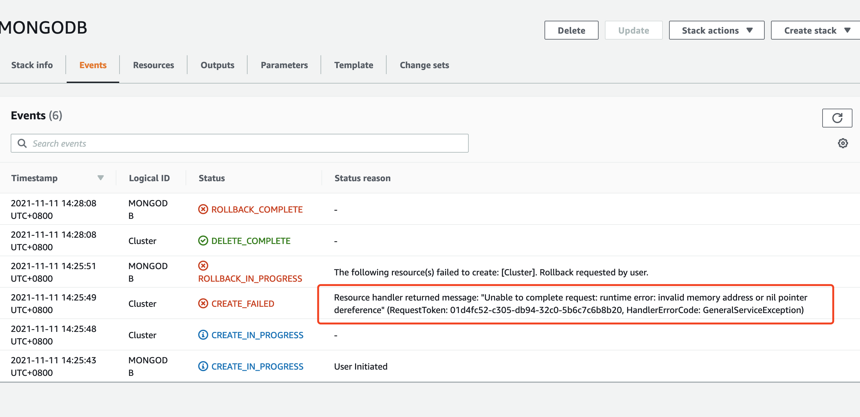 Unable to complete request: runtime error: invalid memory address or nil pointer dereference ...