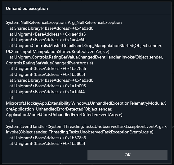 Unhandled Exception after change left panel size · Issue #1136 · UnigramDev/Unigram · GitHub