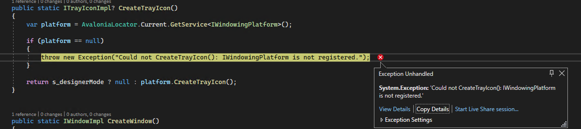 Could not CreateTrayIcon(): IWindowingPlatform is not registered when running ControlCatalog ...