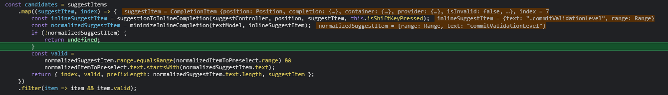 Inline completion preselection of intellisense items doesn't work if it includes a closing brace ...