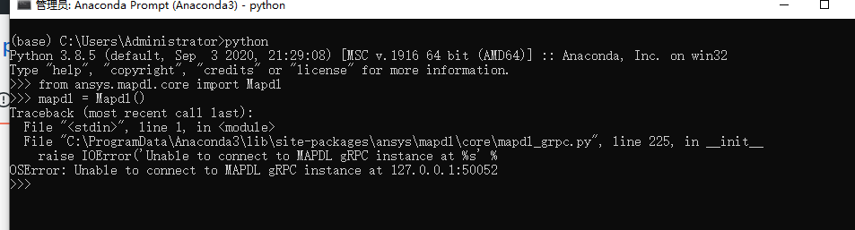 Unable connect to MAPDL gRPC instance at 127.0.0.1:50052 · Issue #369 · ansys/pymapdl · GitHub