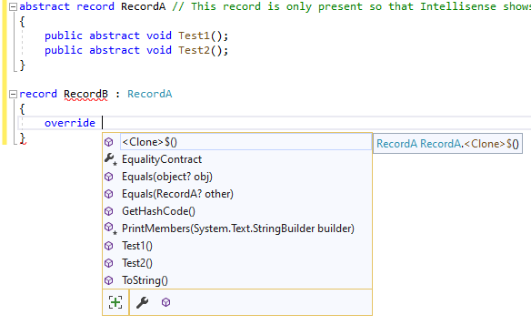Intellisense does not suggest Equals, GetHashCode, or ToString as suggestions for override on ...