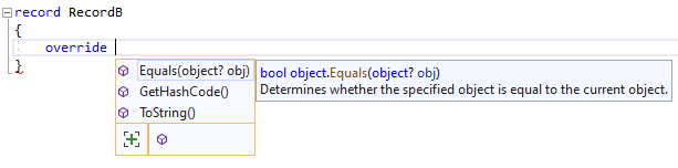 Intellisense does not suggest Equals, GetHashCode, or ToString as suggestions for override on ...