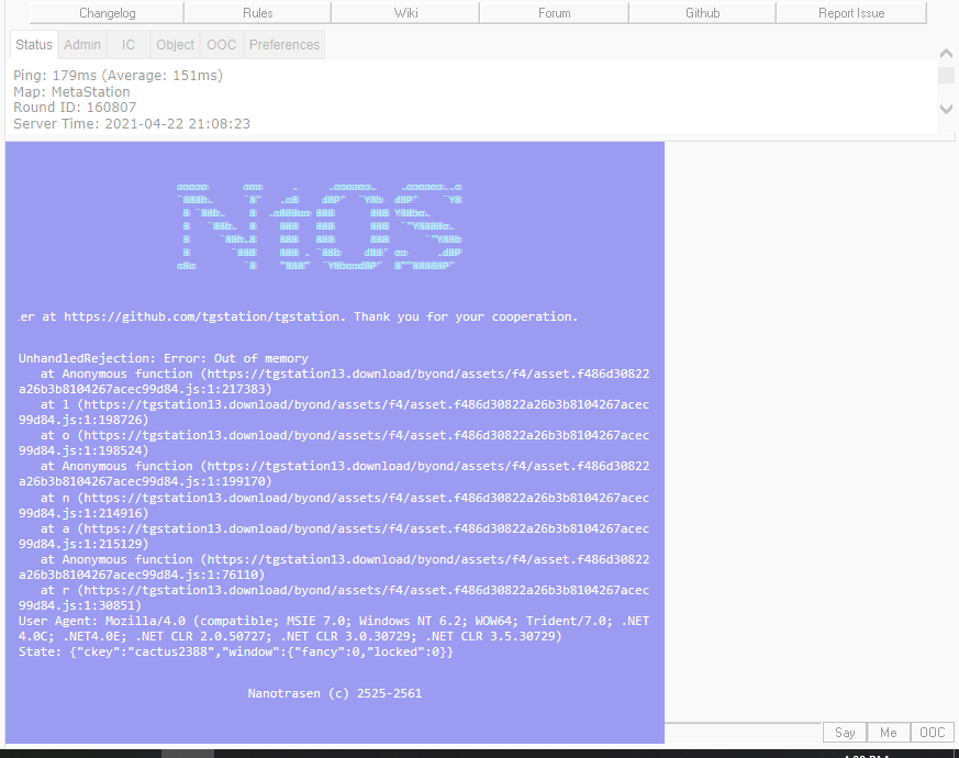 tgui: UnhandledRejection: Error: Out of memory (possible memory leak ...