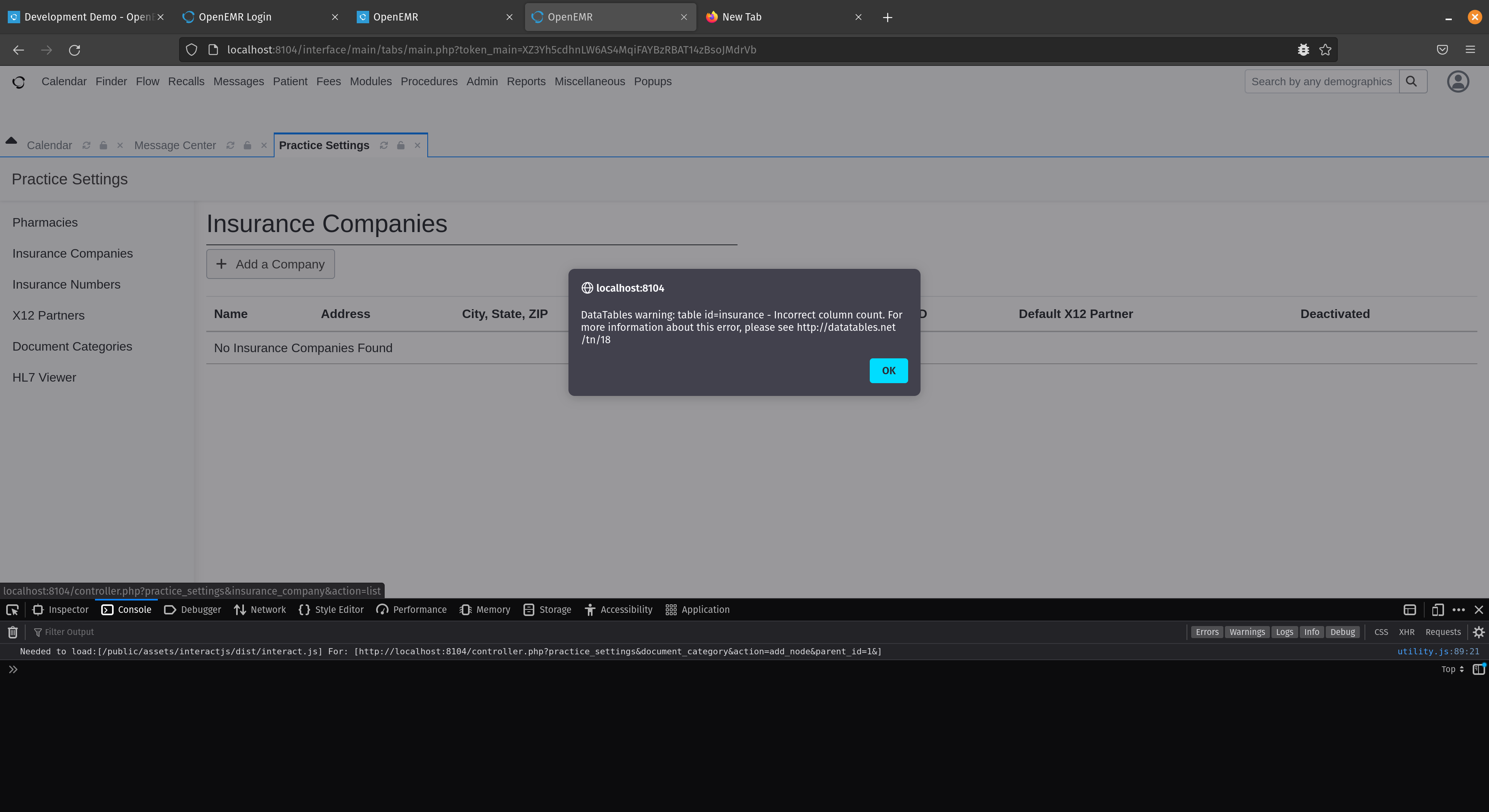 Practice Settings Insurance Companies Bug · Issue 6282 · Openemr Openemr · Github