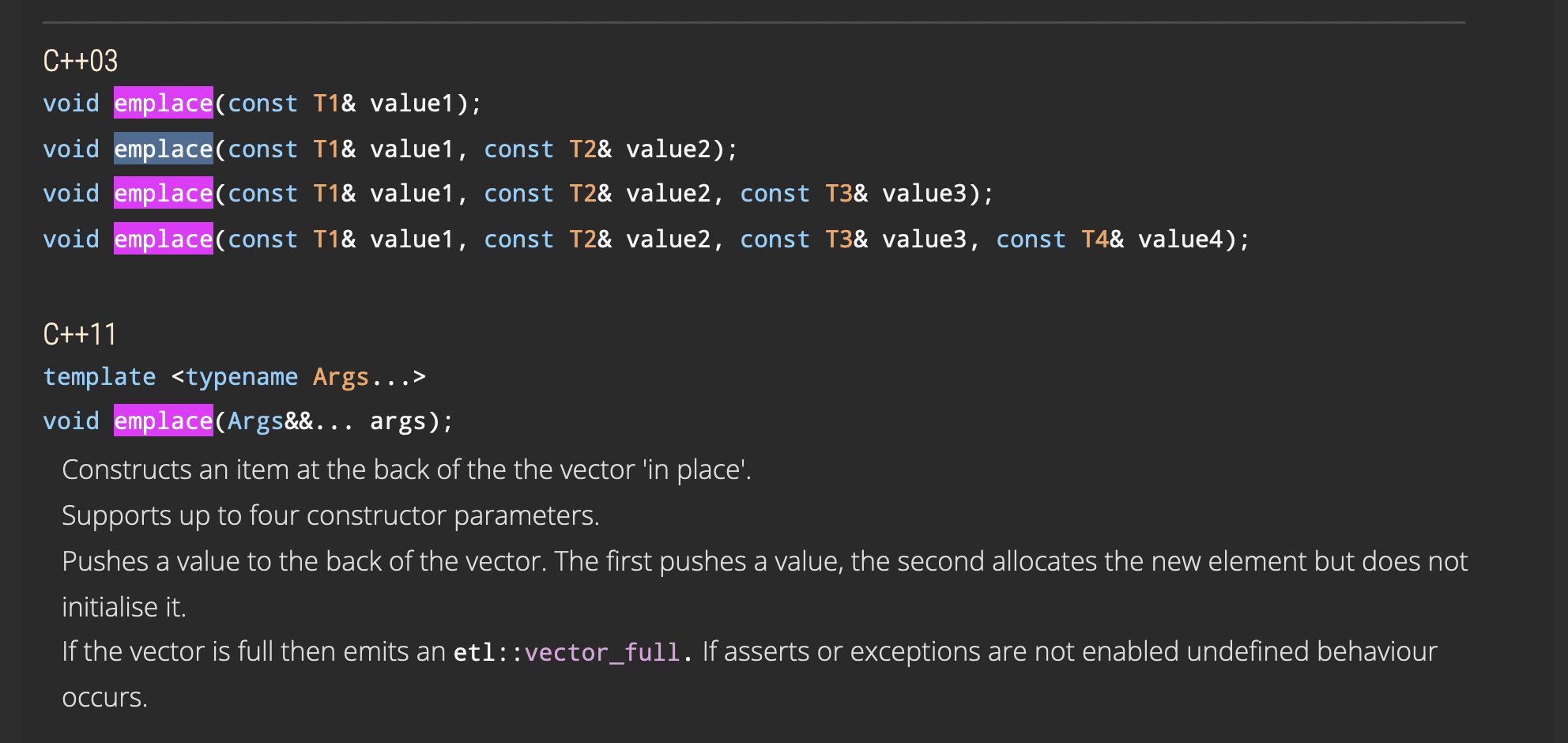 Online documentation lists etl::vector::emplace() but actual function is etl::vector::emplace ...