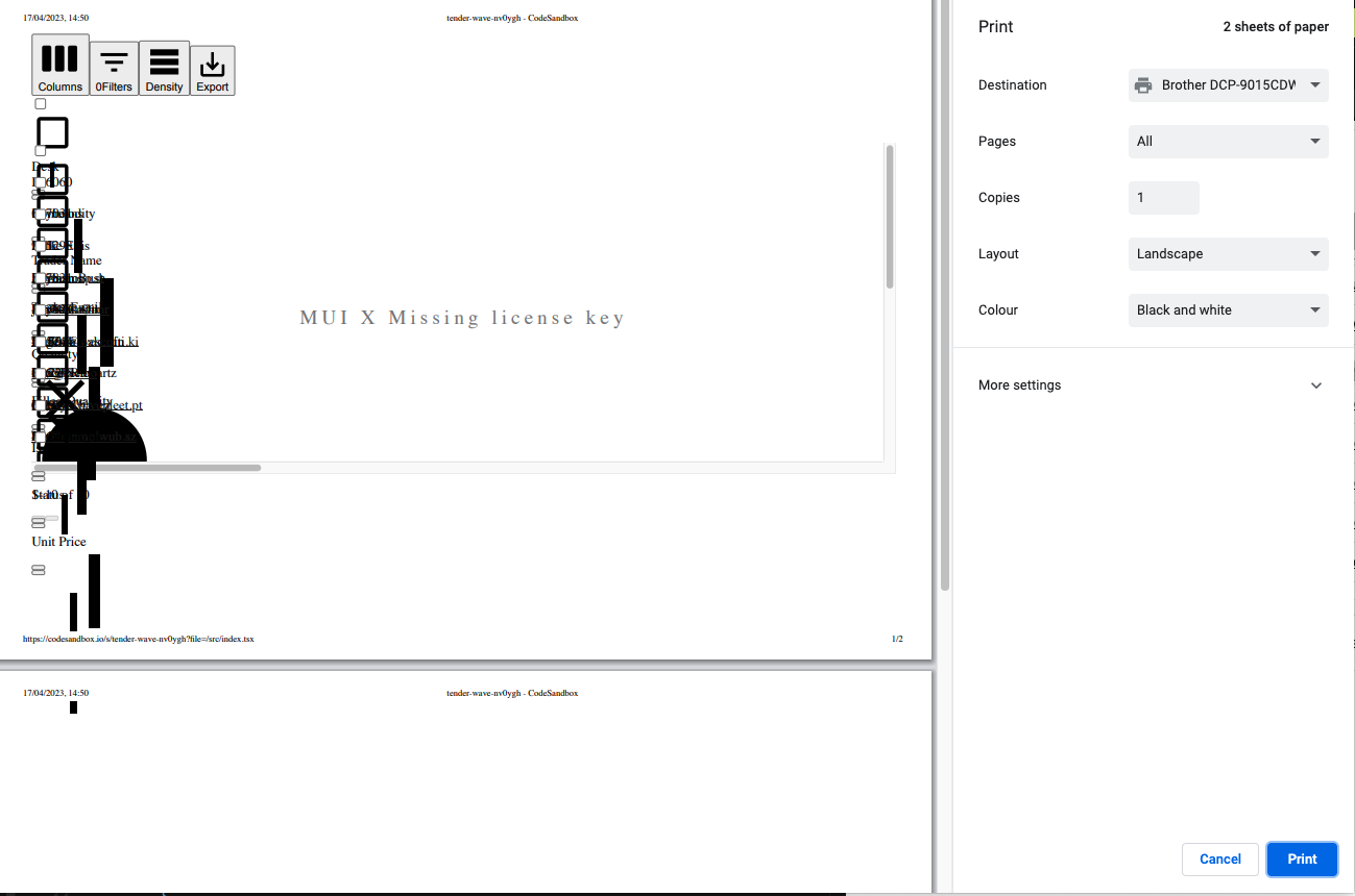 Mui Data Grid Pro style lost when print current view in the Export ...