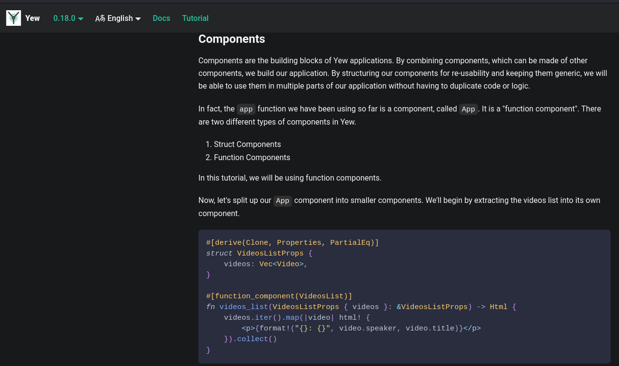 0.18 Tutorial uses Next Featuers (functional components) · Issue #2031 · yewstack/yew · GitHub