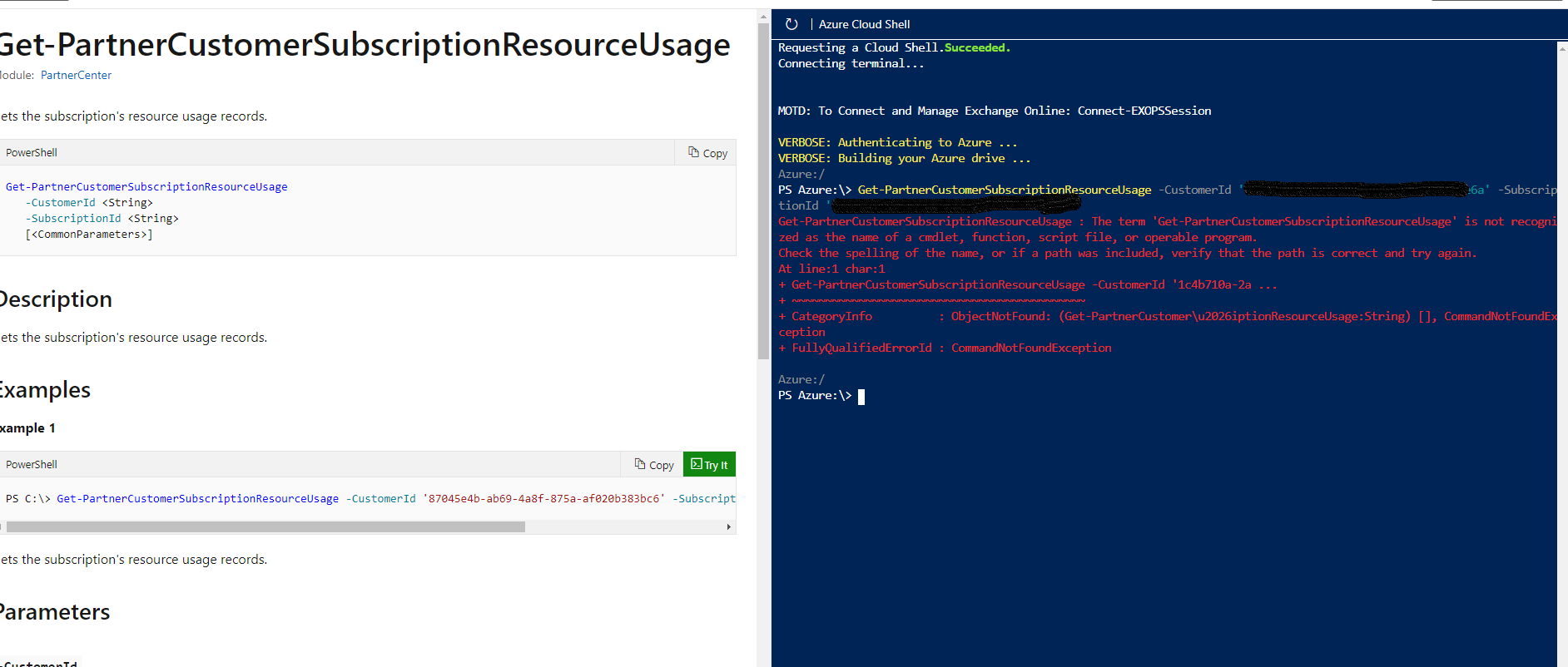 Get-PartnerCustomerSubscriptionResourceUsage : The term 'Get ...