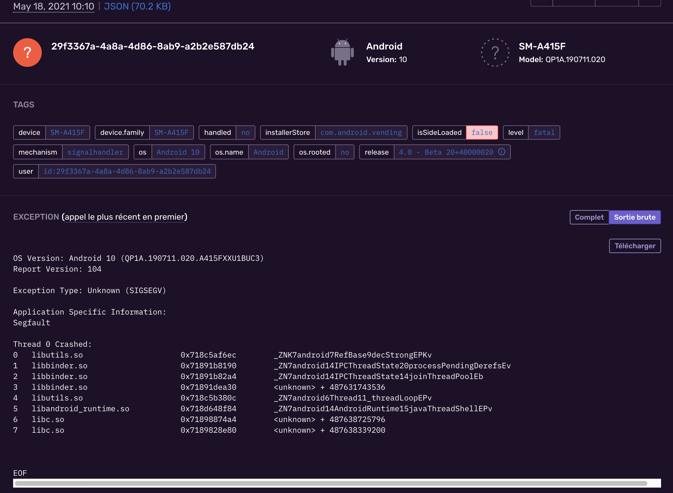 Segfault in libsentry.so with Android 11 at random · Issue #1477 · getsentry/sentry-java · GitHub