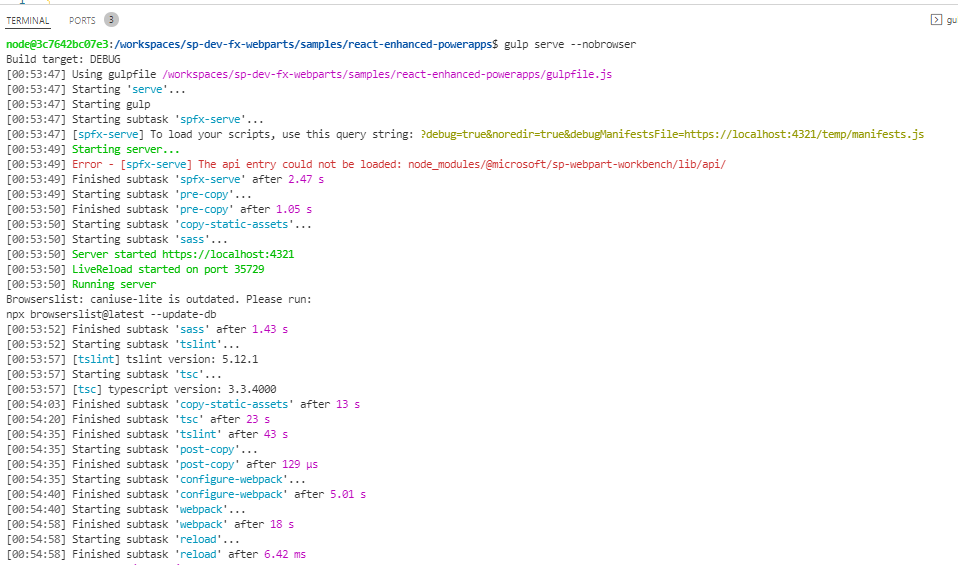 Opening a sample using a development container: Hosted workbench says that gulp serve is not ...