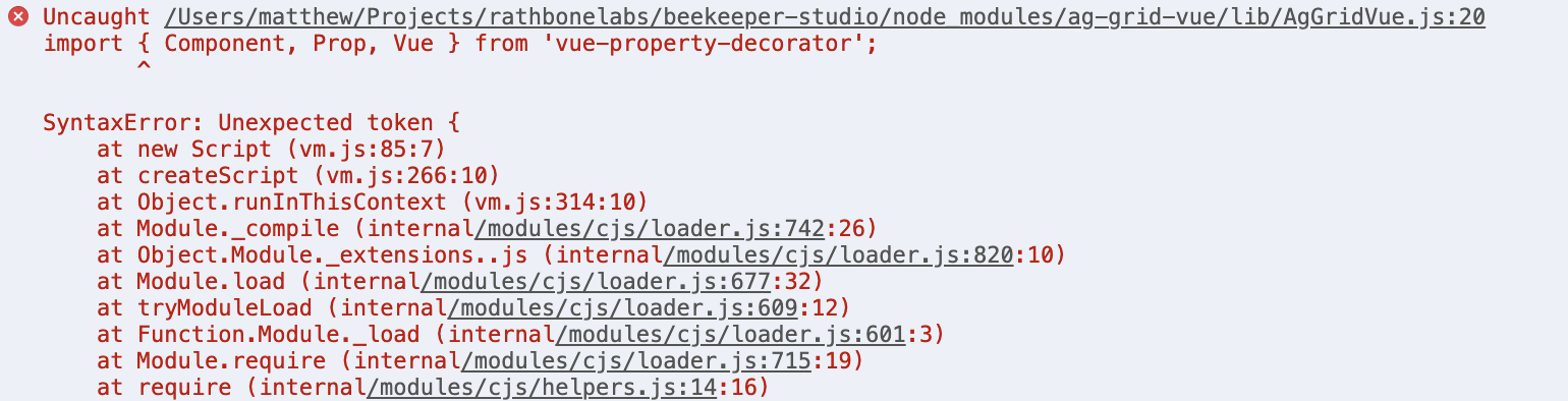Electron/Vue import failure, unexpected token '{' · Issue #3248 · ag-grid/ag-grid · GitHub