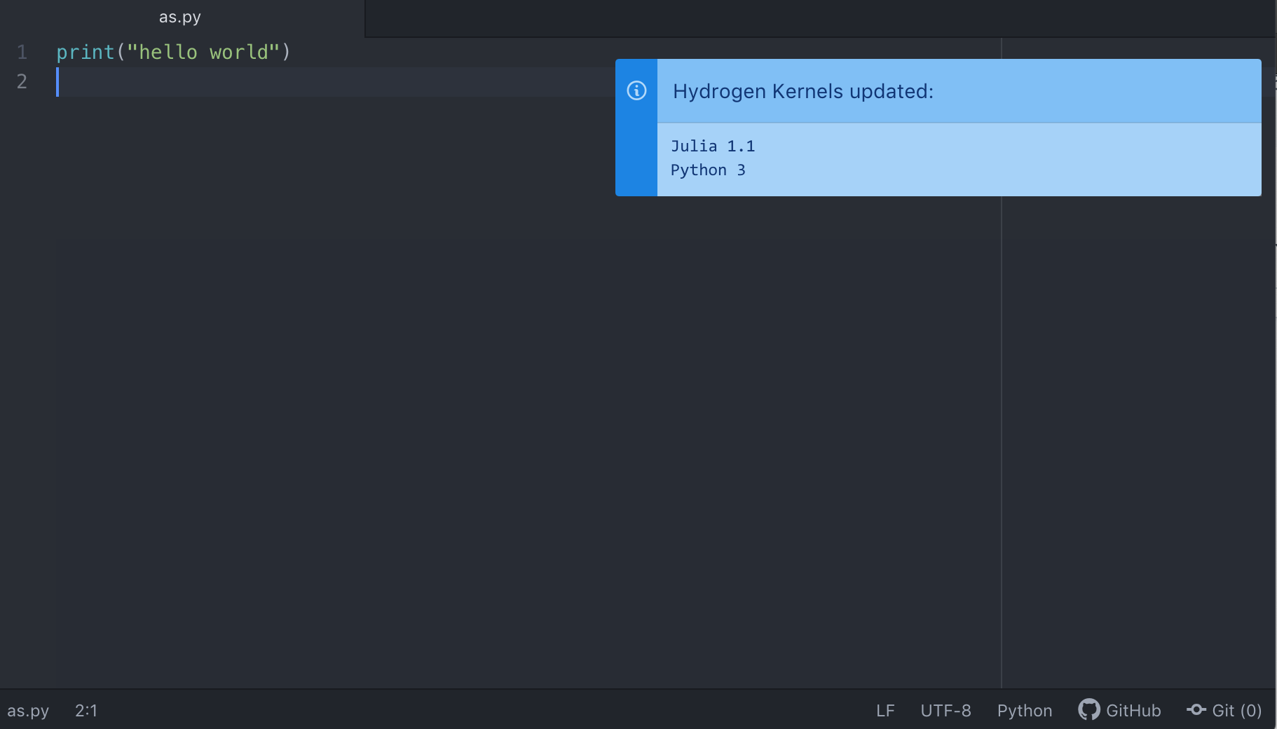 hydrogen installed, but the code is not running (on macOS) · Issue #1571 · nteract/hydrogen · GitHub