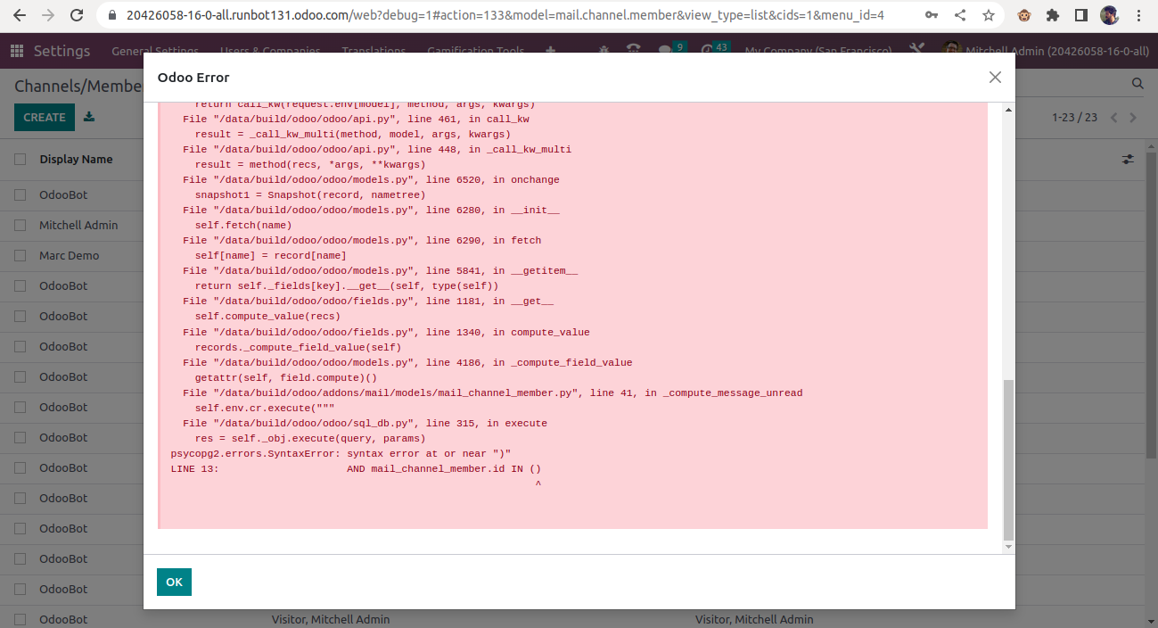 [16.0] mail: error on Channels/Member menu · Issue #103759 · odoo/odoo · GitHub