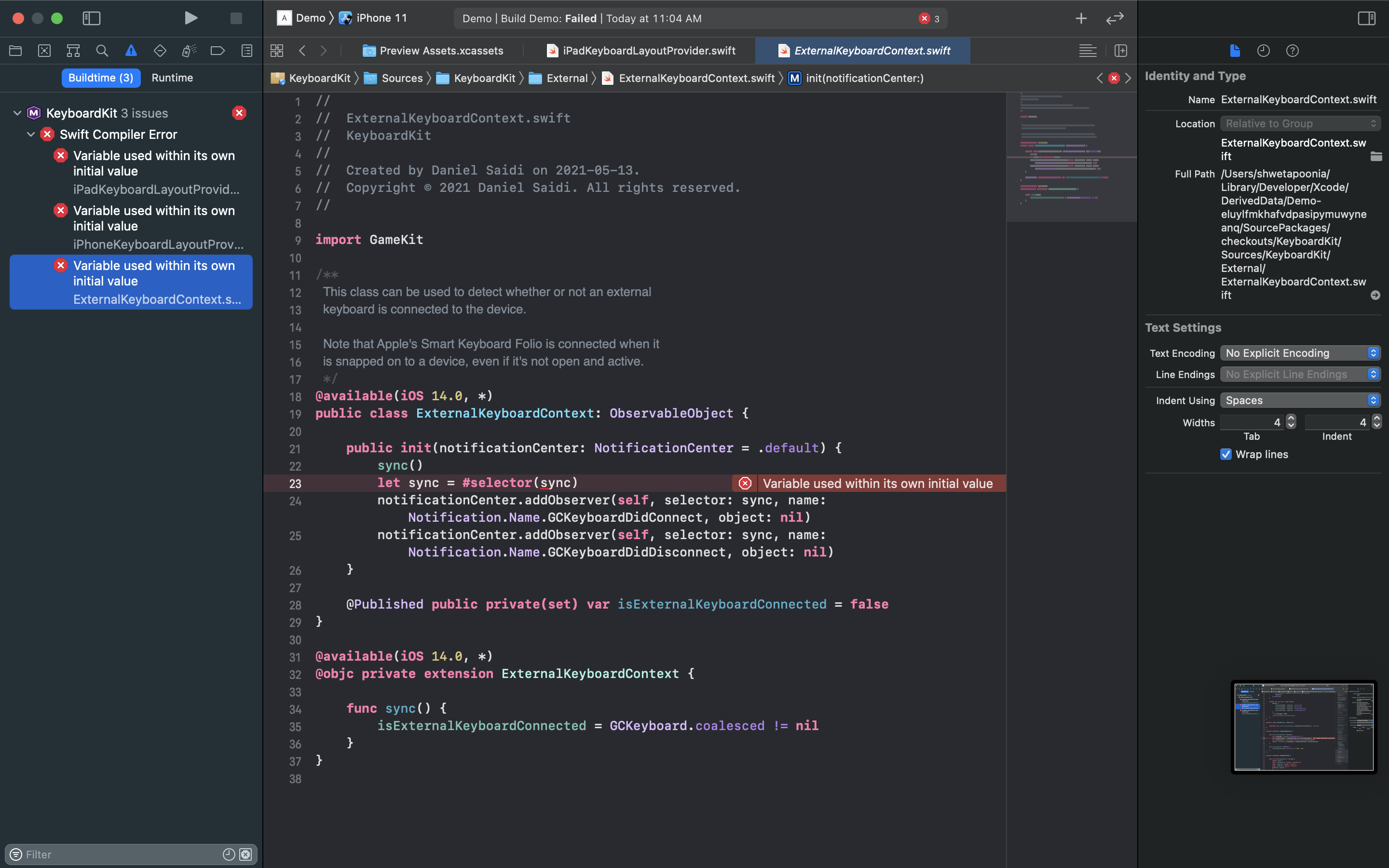 Variable used within its own initial value · Issue #270 · KeyboardKit/KeyboardKit · GitHub
