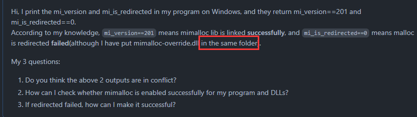 What does it mean for mi_version==201 && mi_is_redirected==0 · Issue #579 · microsoft/mimalloc ...