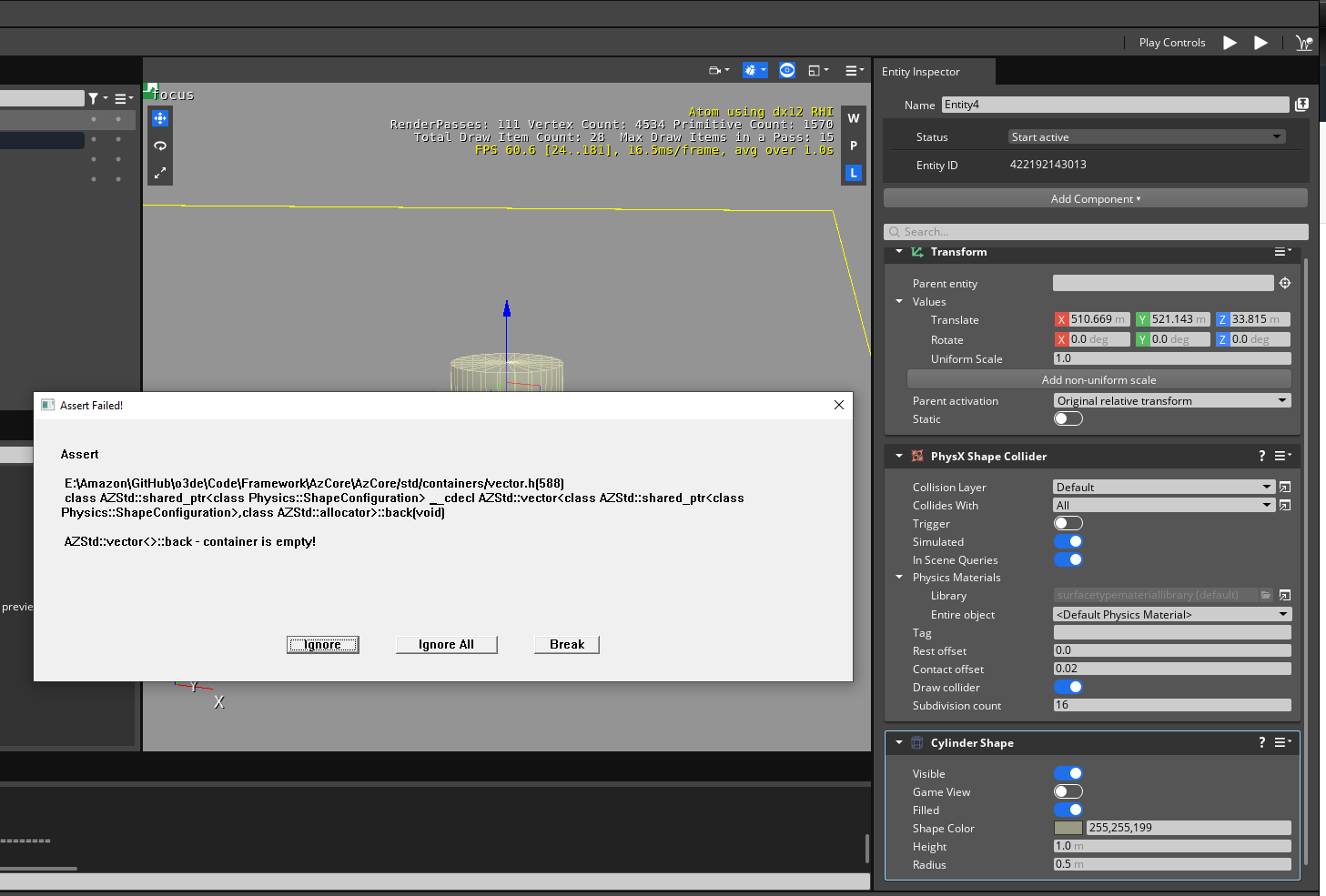 Setting the height of a cylinder shape to 0 causes a crash · Issue #4999 · o3de/o3de · GitHub