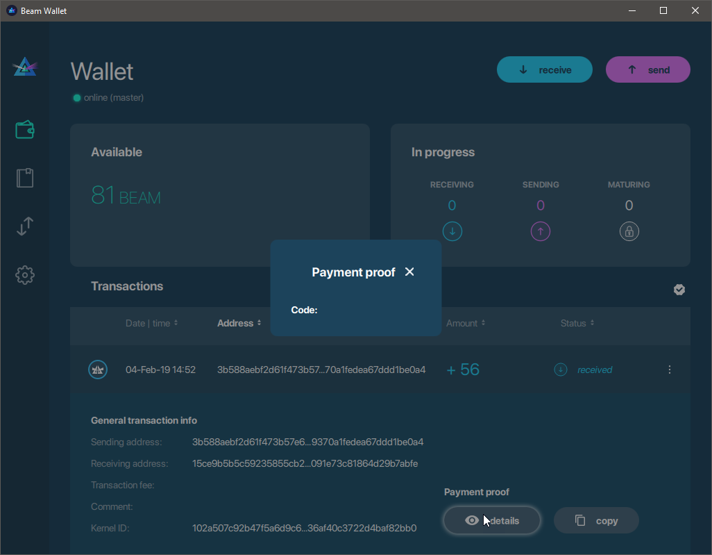 Payment proof in UI wallet · Issue #415 · BeamMW/beam · GitHub
