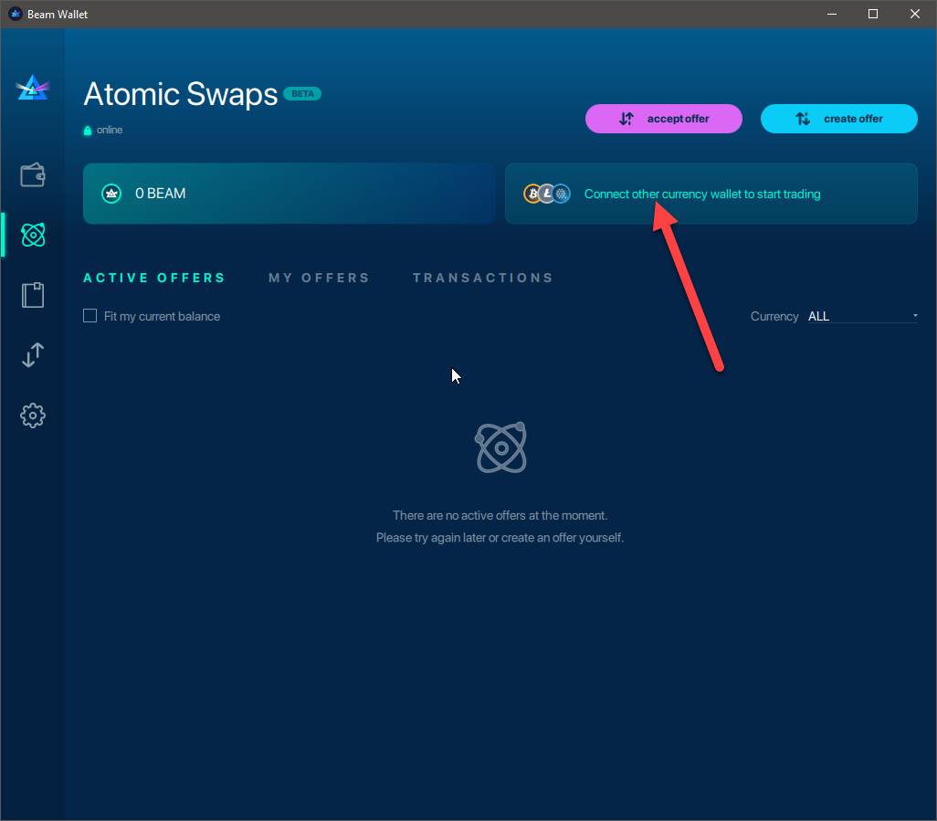 When "Connect other currency wallet to start trading" clicked, open the swap settings tab ...