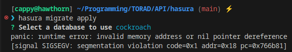CLI segmentation fault when applying CockroachDB migrations · Issue #9498 · hasura/graphql ...