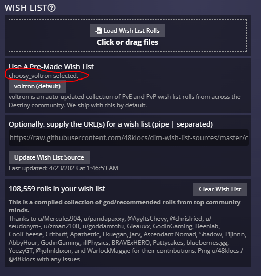 It isn't entirely clear when a pre-made wishlist has been selected ...
