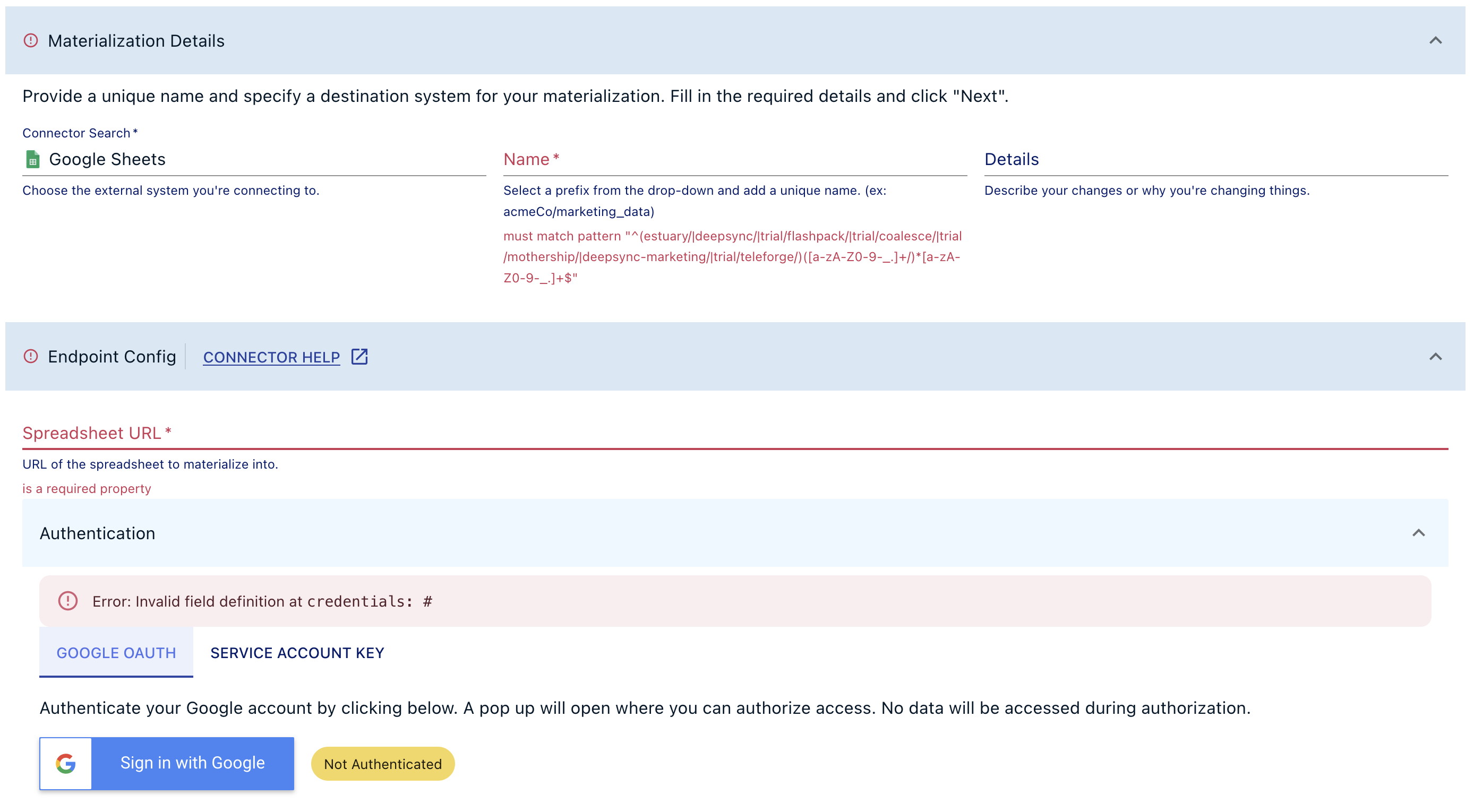 "Invalid field definition at credentials: #" in google sheets ...