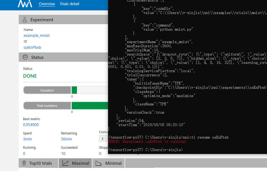 [V1.0 bug-bash]Error returning information when resume experiment that has been done · Issue ...