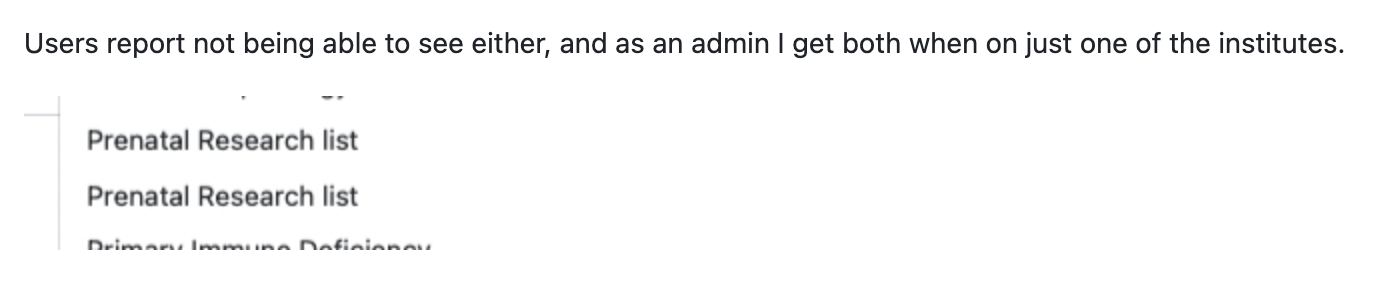 Problems using panel for searching for all cases for institute, when it exists with same name ...