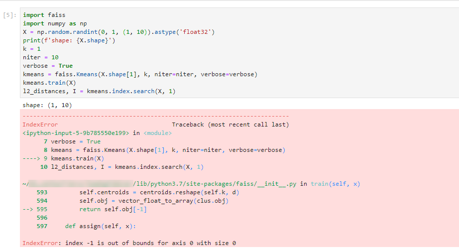 faiss.Kmeans throws IndexError when when k==X.shape[1] · Issue #842 · facebookresearch/faiss ...