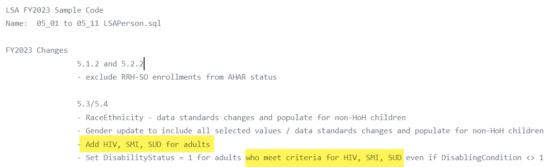 Sample Code, Spec Section 5.4: DisabilityStatus no longer uses logic based on [HIV], [SMI], and ...