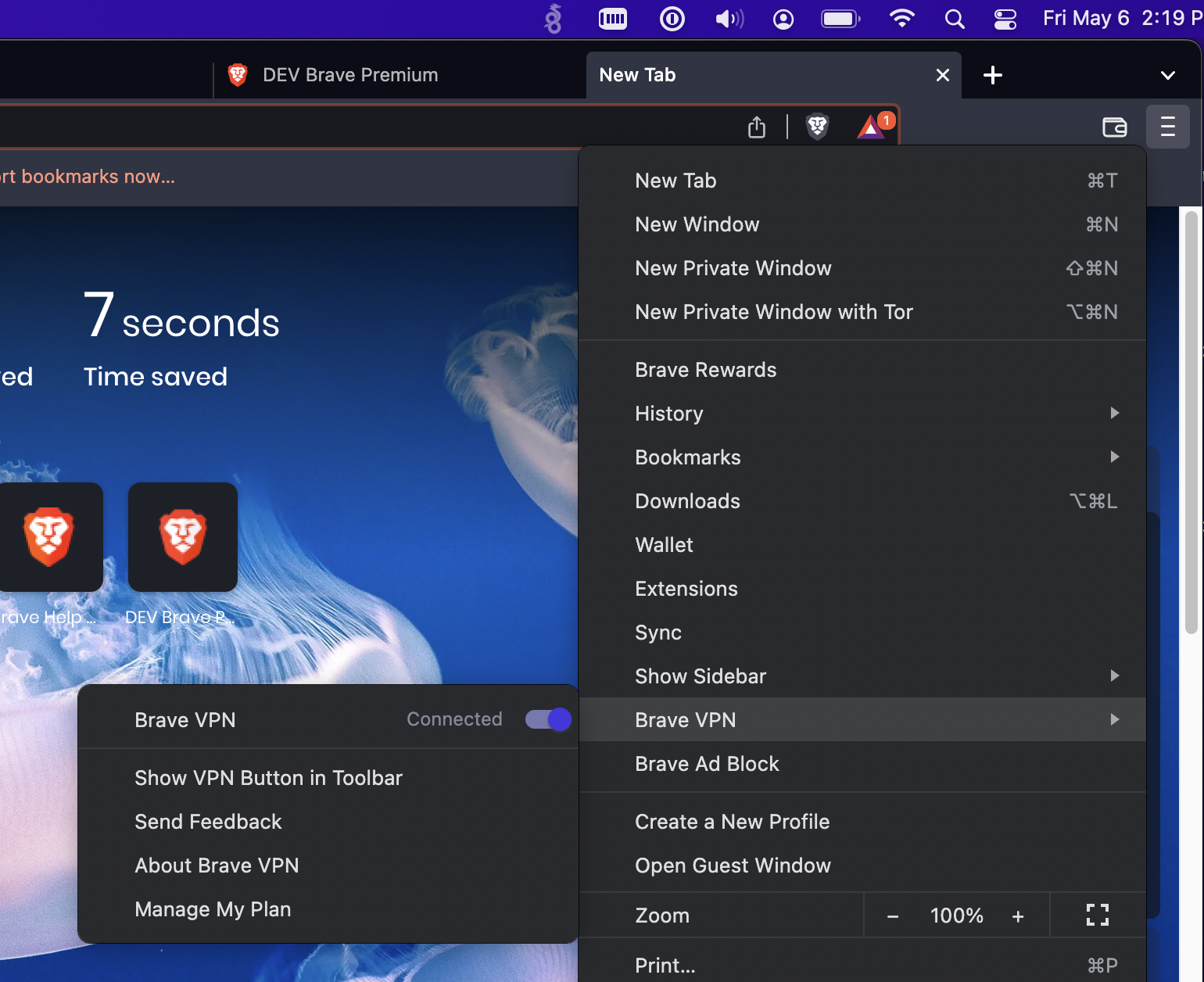 Brave VPN from hamburger menu doesn't always show available sub menu ...