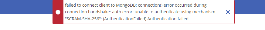 MongoDB error "could not register integration: failed to connect client to MongoDB: connection ...