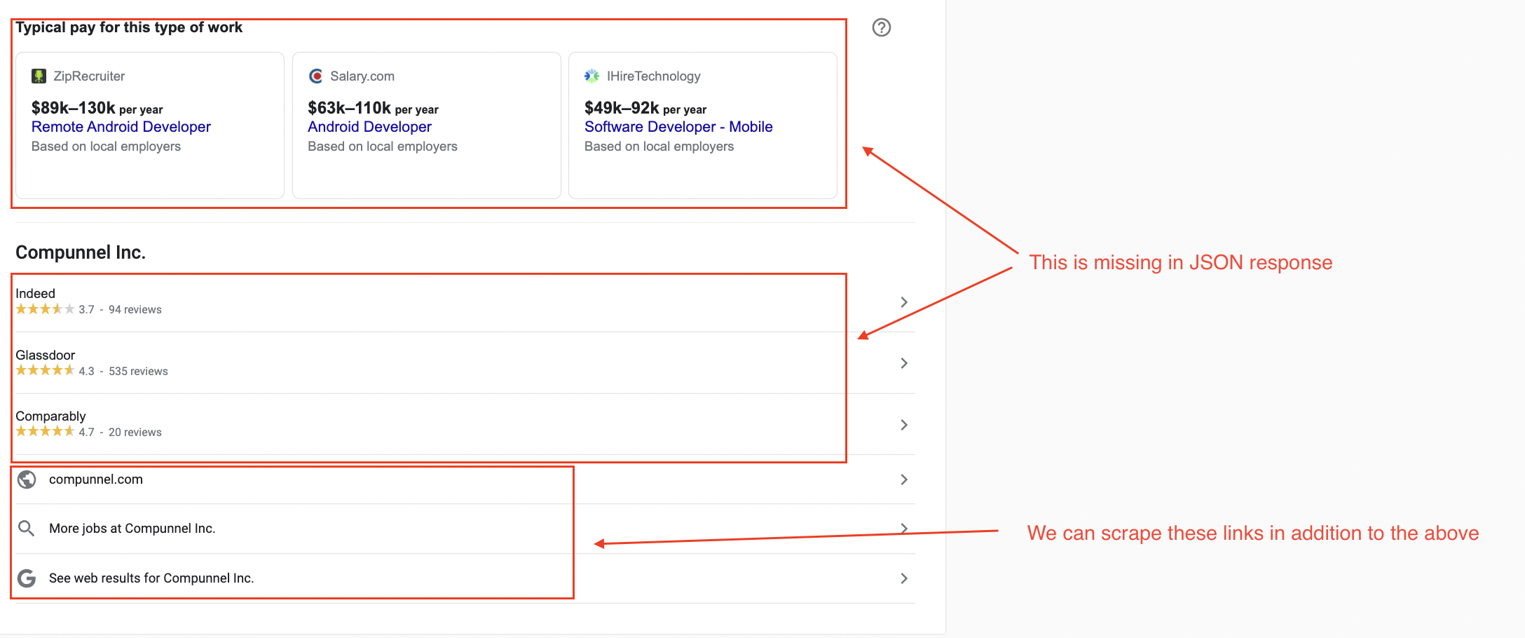 [Google Jobs Listing API] Scrape Job highlights, Similar jobs and Company links. Fix `ratings ...