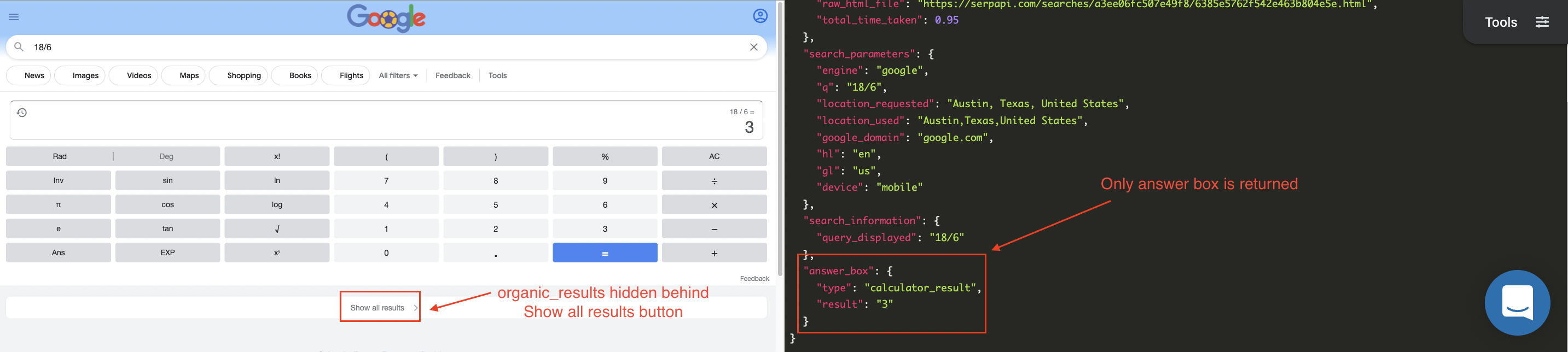 [Google Search API] Scrape `organic_results` in Mobile search in addition to calculator `answer ...
