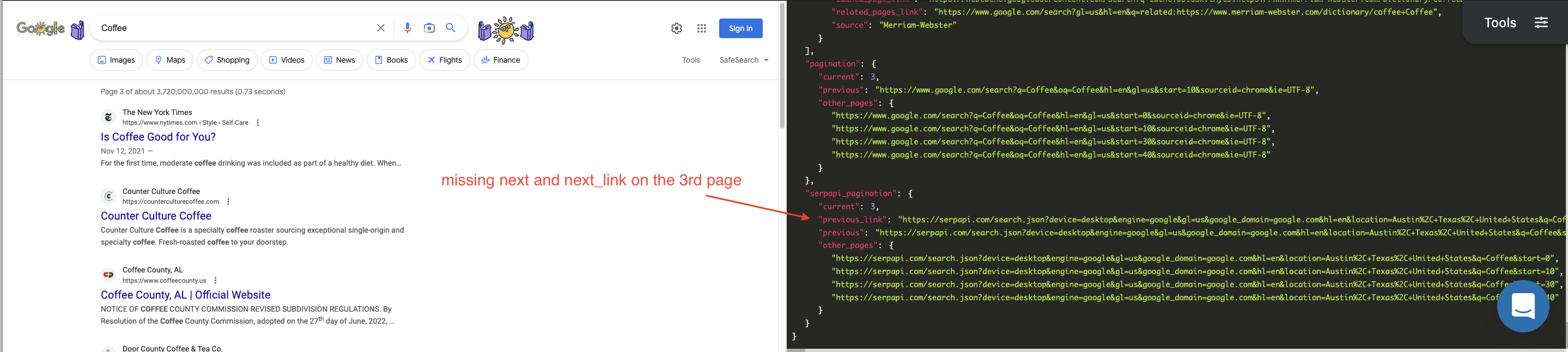 [Google Search API] Missing `next` and `next_link` from JSON response when pagination is used ...