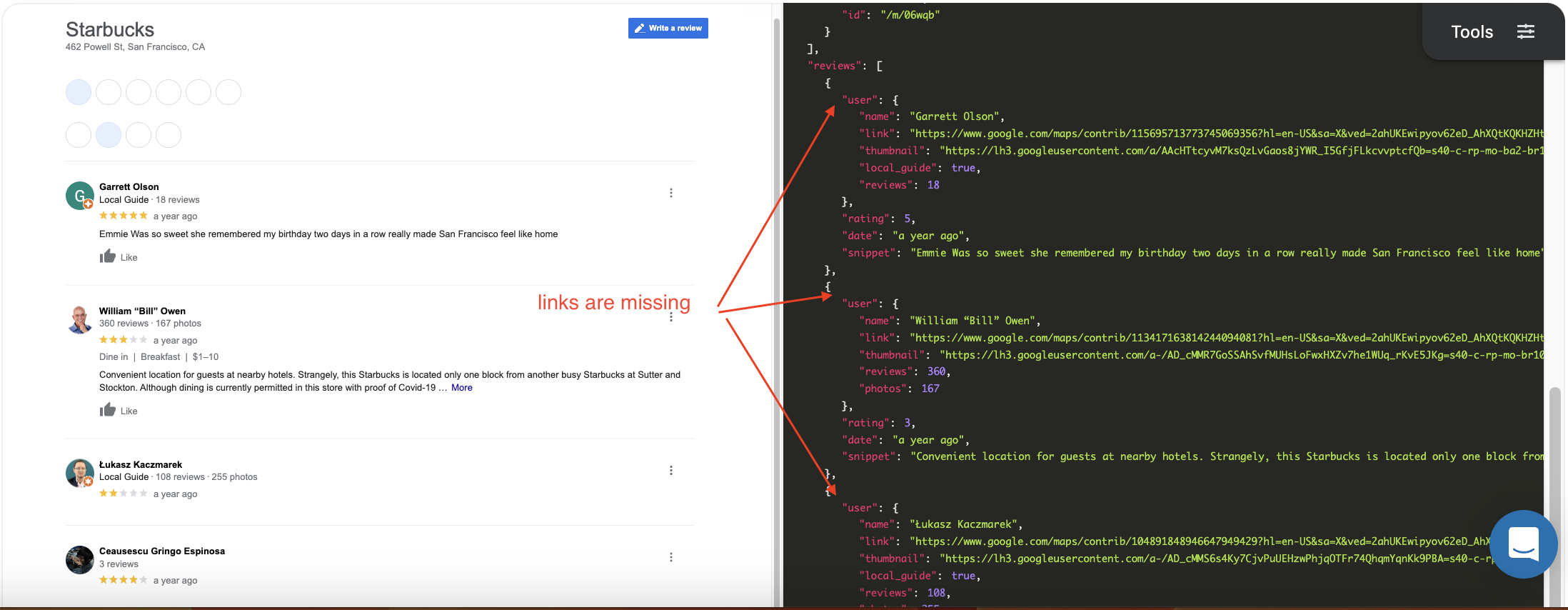 [Google Maps Reviews API] Some results are missing `link` field · Issue #953 · serpapi/public ...
