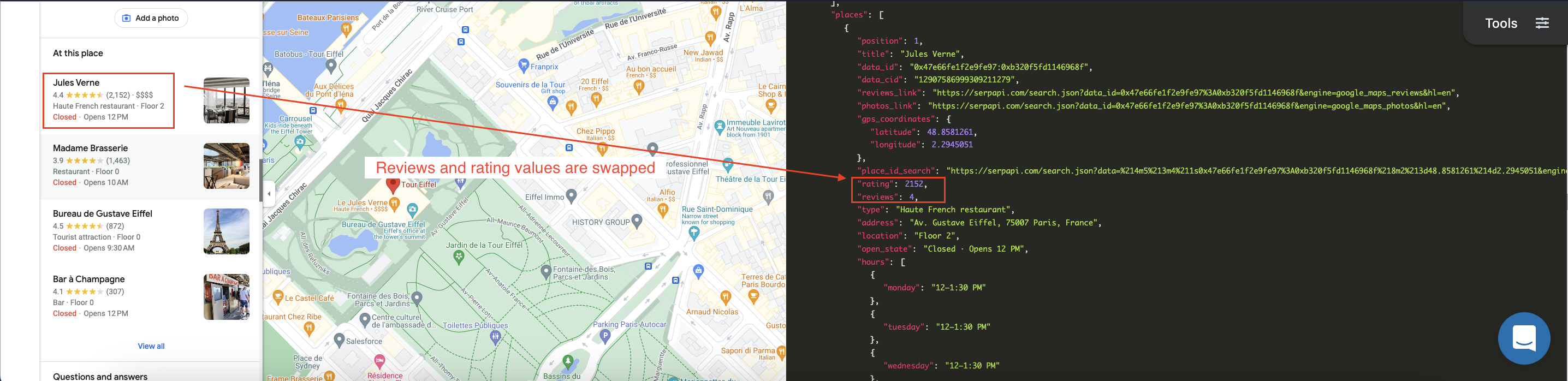 [Google Maps API] `rating` and `reviews` are swapped for `at_this_place ...
