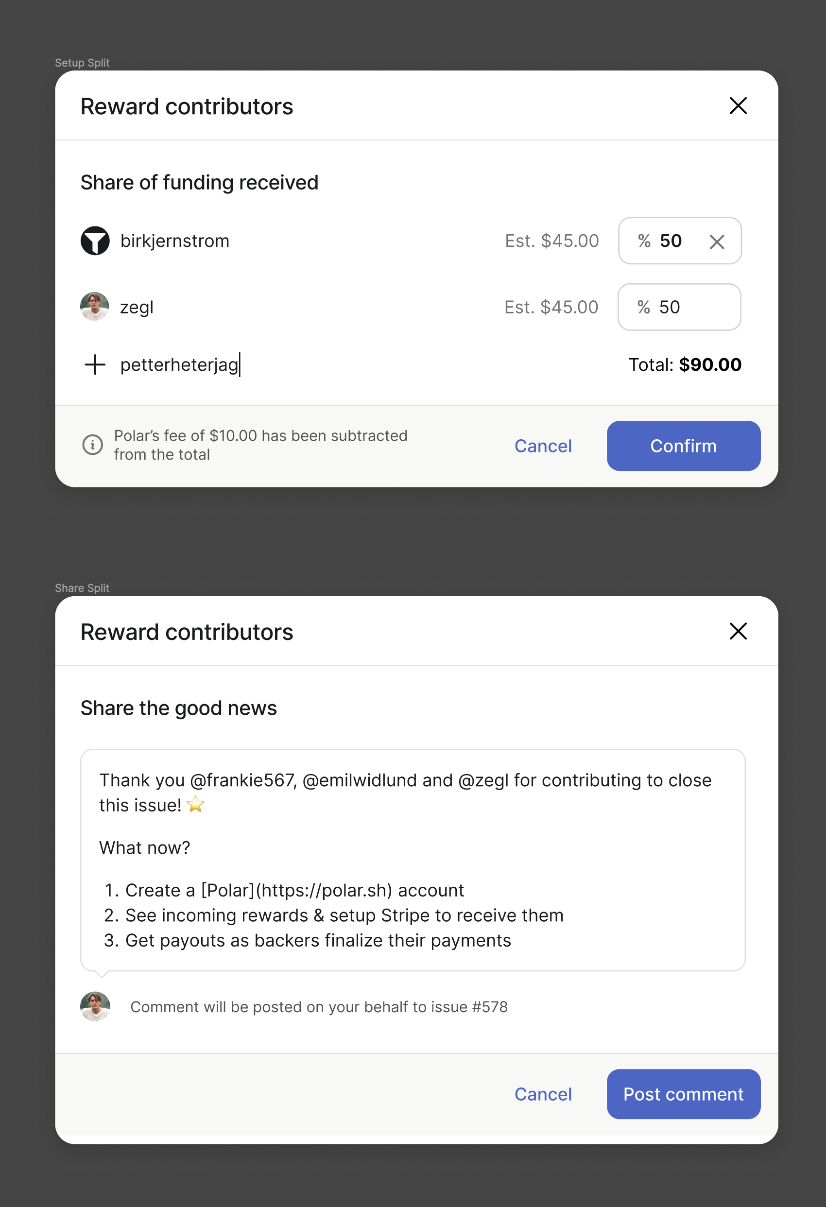 Maintainer posts comment to share rewards · Issue #1347 · polarsource/polar · GitHub