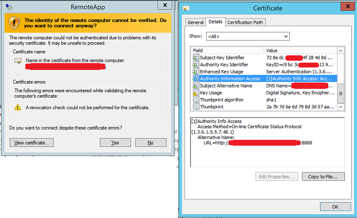 OpenSSL OCSP responder failing when request comes from MS Remote Desktop Service (Remoteapp ...