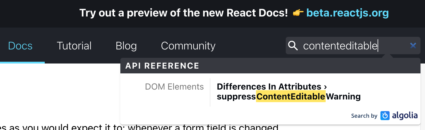 Searching For Contenteditable In React Docs Beta Yields Zero Results While The Old React Docs