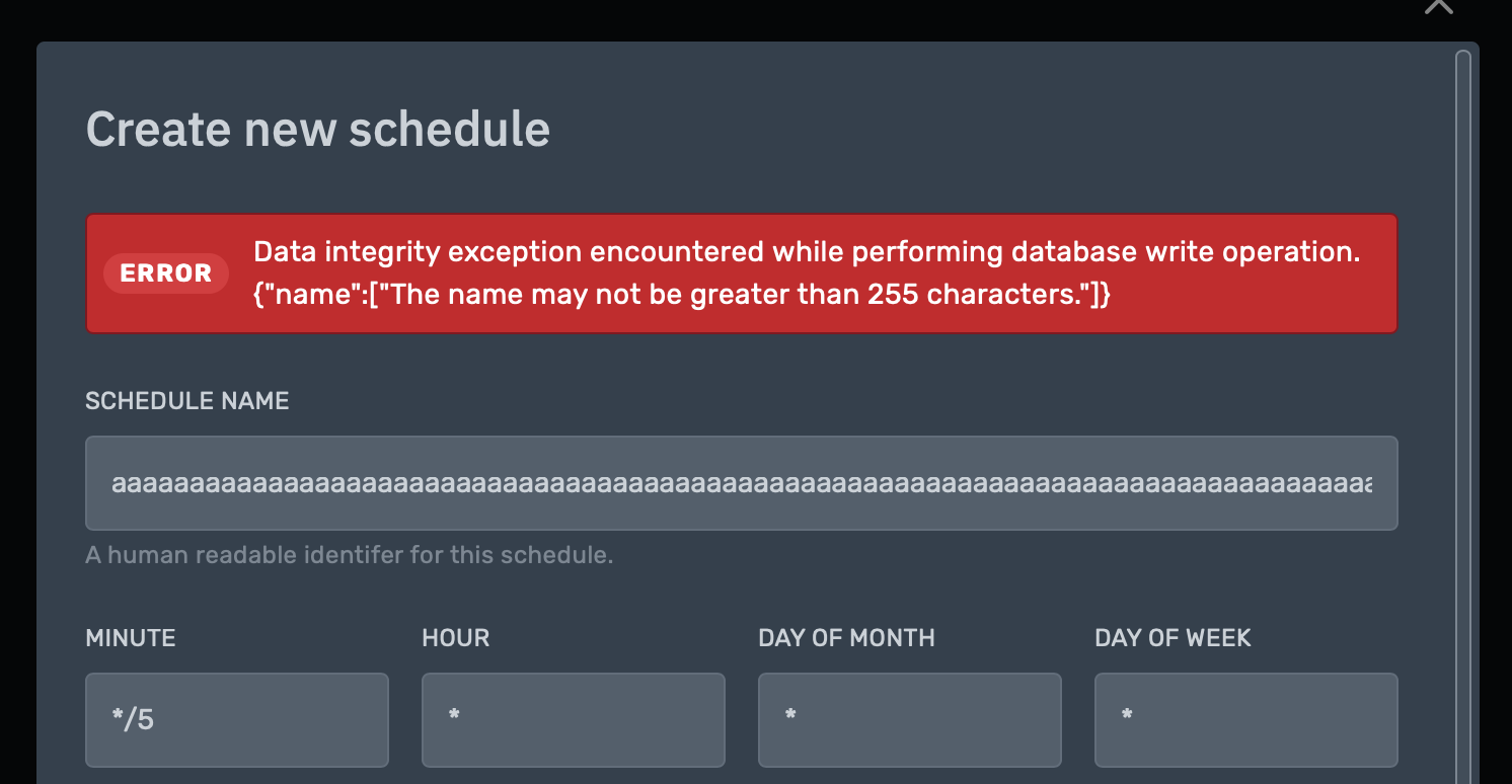 [Schedule] An error occurs when creating a schedule with a long name · Issue #2405 · pterodactyl ...