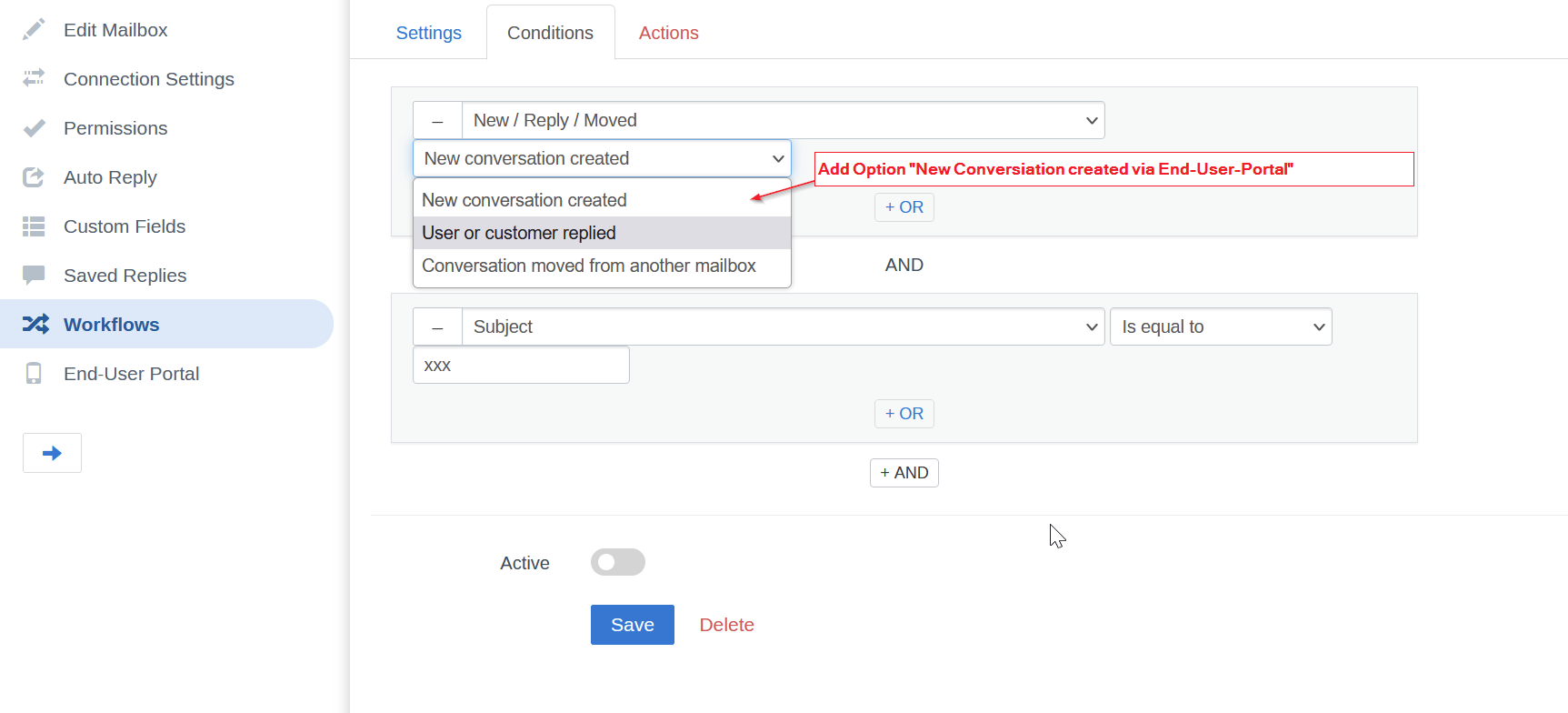 Workflow Module: Condition "New Conversation created via End-User ...