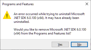 When trying to uninstall a listed .net sdk install I get "The system cannot find the file ...