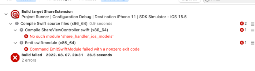 Building via Xcode fails (flutter run works fine in Android Studio) - No such module share ...